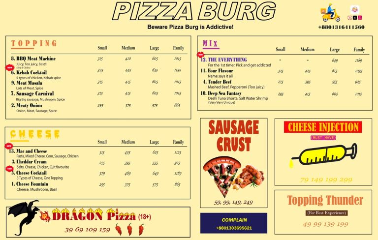 PizzaBurg Menu, Price and Outlet Address - BD Food Blog